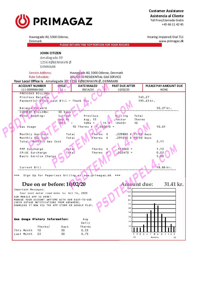 download Denmark Primagaz Denmark gas utility bill template editable ...
